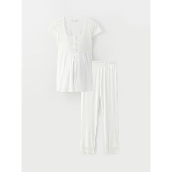 Kare Yaka Nakışlı Kısa Kollu Hamile Pijama Takımı