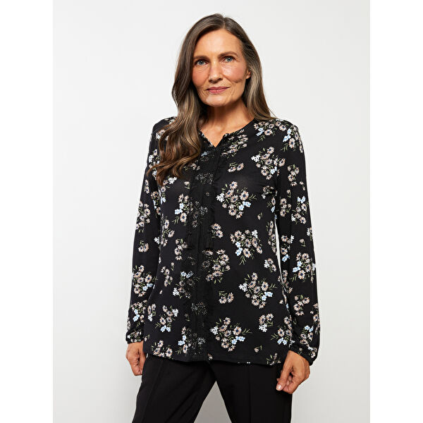 Bağlamalı Yaka Çiçekli Uzun Kollu Kadın Bluz