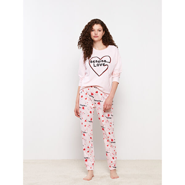 Bisiklet Yaka Baskılı Uzun Kollu Pamuklu Kadın Pijama Takımı Bisiklet Yaka Baskılı Uzun Kollu Pamuklu Kadın Pijama Takımı