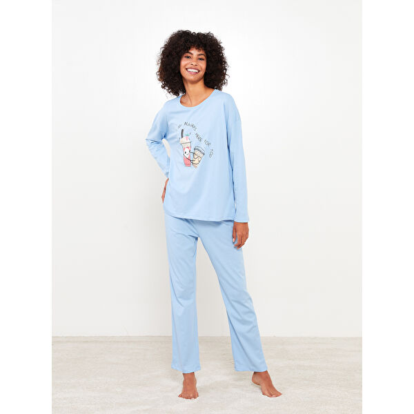 Bisiklet Yaka Baskılı Uzun Kollu Pamuklu Kadın Pijama Takımı Bisiklet Yaka Baskılı Uzun Kollu Pamuklu Kadın Pijama Takımı