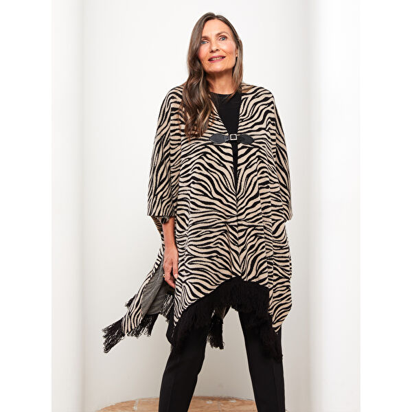 Şal Yaka Desenli Kadın Triko Panço