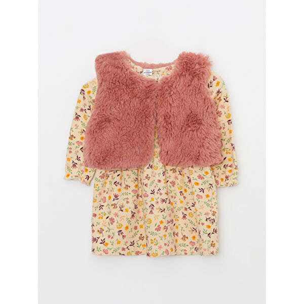 Bisiklet Yaka Uzun Kollu Baskılı Kız Bebek Elbise ve Yelek 2'li Takım Bisiklet Yaka Uzun Kollu Baskılı Kız Bebek Elbise ve Yelek 2'li Takım