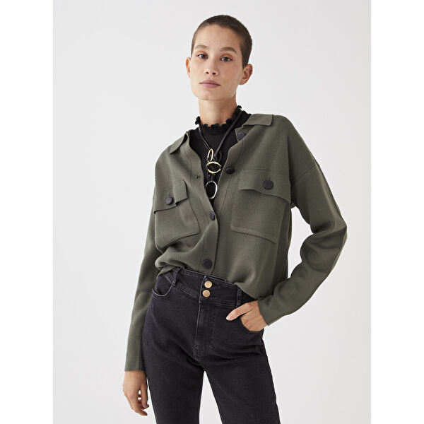 Polo Yaka Düz Uzun Kollu Pike Kadın Hırka