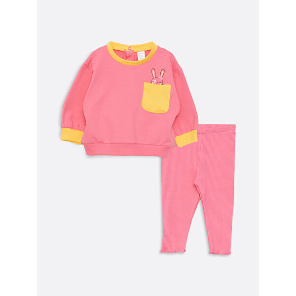 Bisiklet Yaka Uzun Kollu Baskılı Kız Bebek Sweatshirt ve Pantolon 2'li Takım