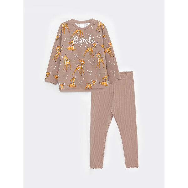 Bisiklet Yaka Uzun Kollu Bambi Baskılı Kız Bebek Sweatshirt ve Tayt 2'li Takım