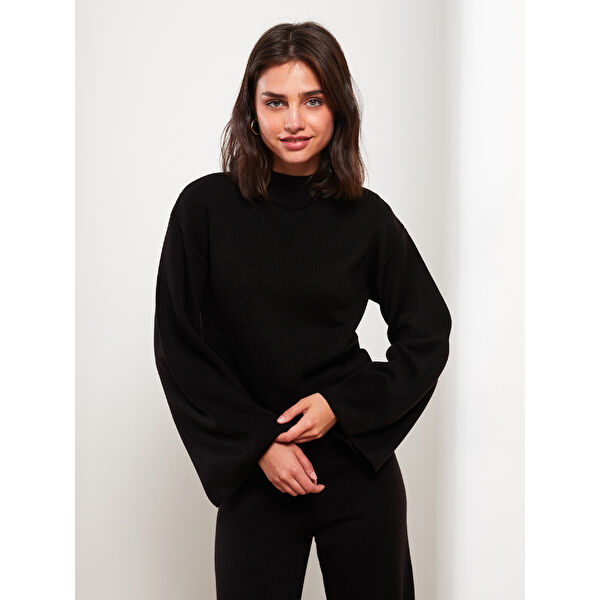 Yarım Balıkçı Yaka Düz Uzun Kollu Kadın Triko Kazak