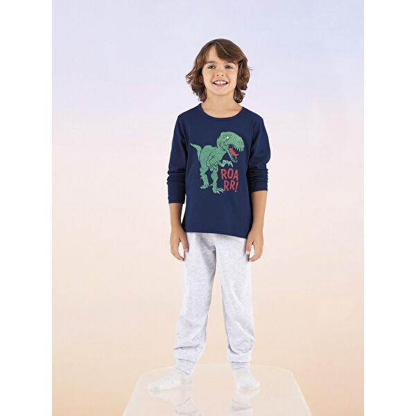Bisiklet Yaka Baskılı Uzun Kollu Erkek Çocuk Pijama Takımı