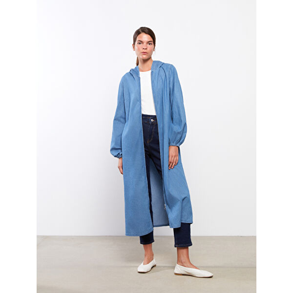 Kapüşonlu Düz Uzun Kollu Kadın Jean Tunik Kapüşonlu Düz Uzun Kollu Kadın Jean Tunik