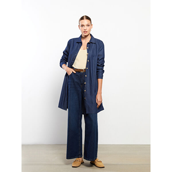 Gömlek Yaka Düz Uzun Kollu Kadın Jean Tunik Gömlek Yaka Düz Uzun Kollu Kadın Jean Tunik