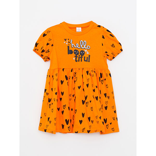 Bisiklet Yaka Kısa Kollu Baskılı Kız Bebek Elbise