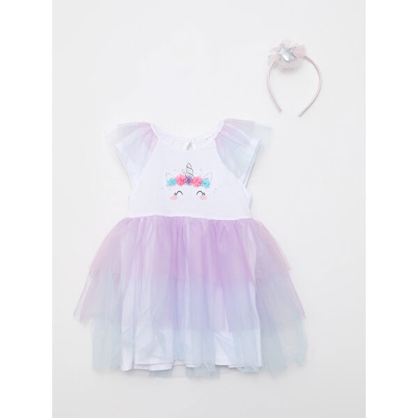 Bisiklet Yaka Kısa Kollu Baskılı Kız Bebek Elbise ve Taç 2'li Takım