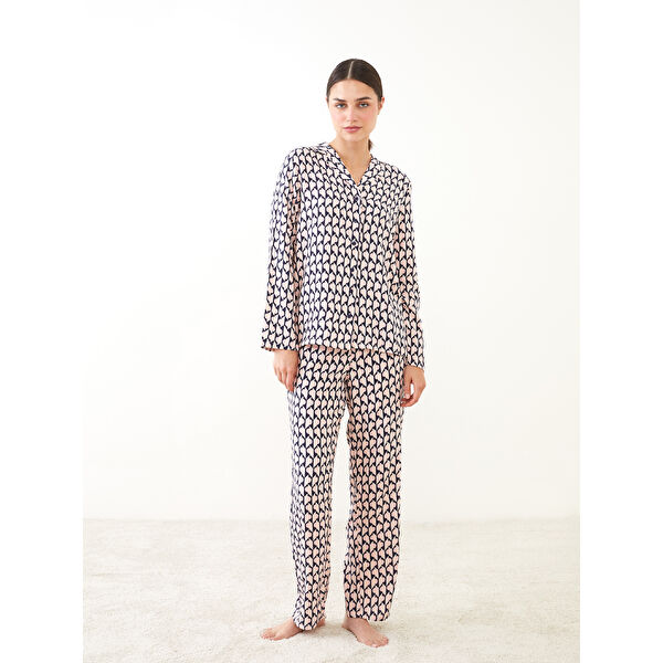 Gömlek Yaka Desenli Uzun Kollu Viskon Kadın Pijama Takımı