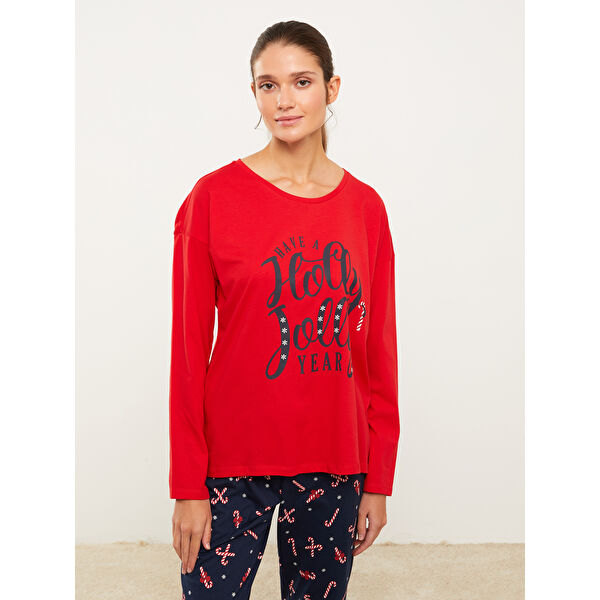 Bisiklet Yaka Yılbaşı Temalı Uzun Kollu Pamuklu Kadın Pijama Takımı
