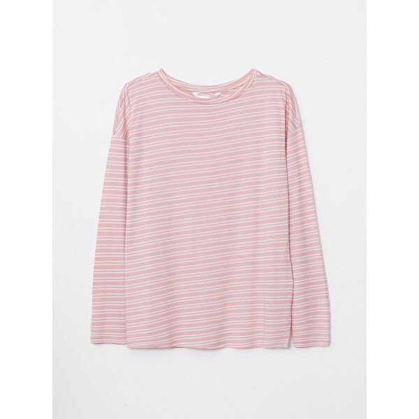 Bisiklet Yaka Çizgili Uzun Kollu Kadın Pijama Üst