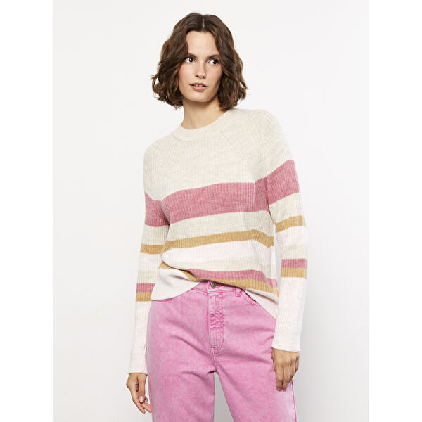 Bisiklet Yaka Renk Bloklu Uzun Kollu Kadın Triko Kazak