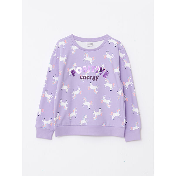 Bisiklet Yaka Baskılı Pul İşlemeli Uzun Kollu Kız Çocuk Sweatshirt