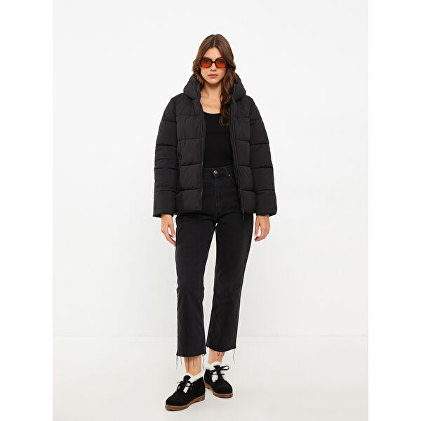 Kapüşonlu Düz Uzun Kollu Kadın Şişme Mont