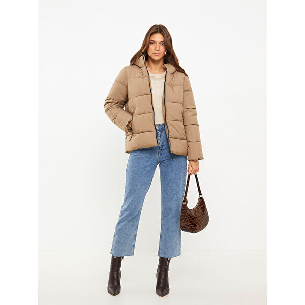 Kapüşonlu Düz Uzun Kollu Kadın Şişme Mont