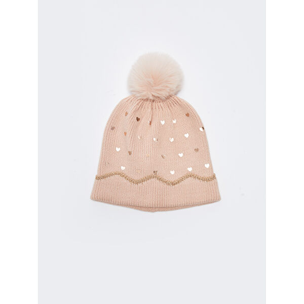 Parlak Kalp Desenli Ponponlu Kız Çocuk Bere Parlak Kalp Desenli Ponponlu Kız Çocuk Bere