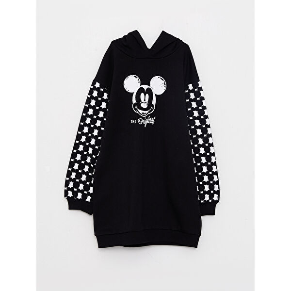 Kapüşonlu Mickey Mouse Baskılı Uzun Kollu Kız Çocuk Elbise