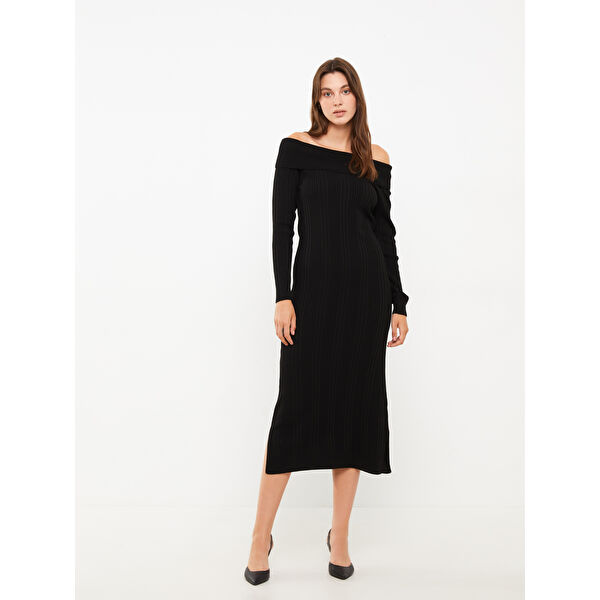 Kayık Yaka Düz Uzun Kollu Kadın Triko Elbise