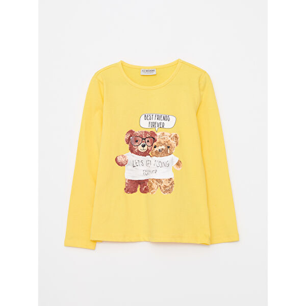 Bisiklet Yaka Nostaljik Maymun Baskılı Uzun Kollu Pamuklu Kız Çocuk Tişört