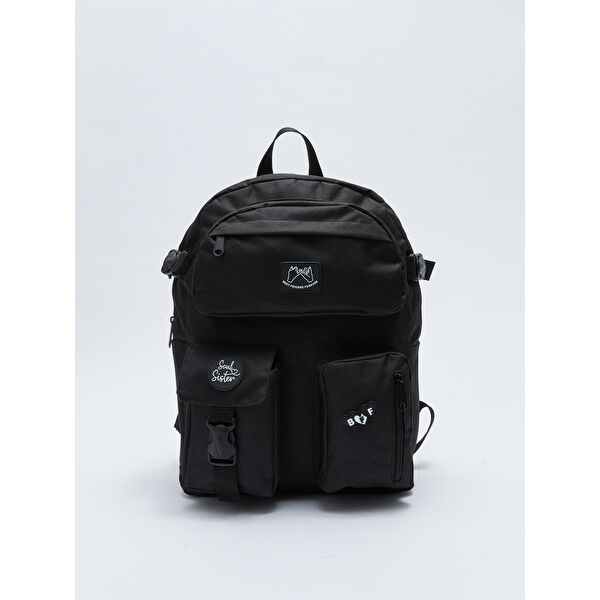 Etiket Baskılı Çok Cepli Kız Çocuk Sırt Çantası