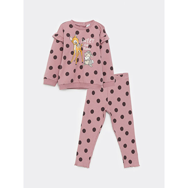 Bisiklet Yaka Uzun Kollu Bambi Baskılı Kız Bebek Sweatshirt ve Tayt 2'li Takım