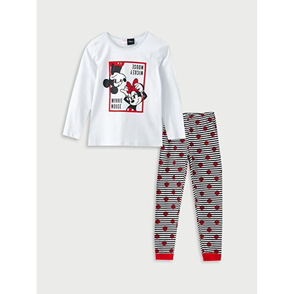 Bisiklet Yaka Minnie ve Mickey Mouse Baskılı Uzun Kollu Kız Çocuk Pijama Takımı