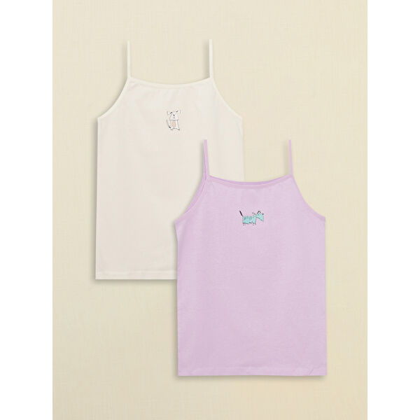 Kare Yaka Baskılı Askılı Organik Pamuklu Kız Çocuk Atlet 2'li Kare Yaka Baskılı Askılı Organik Pamuklu Kız Çocuk Atlet 2'li