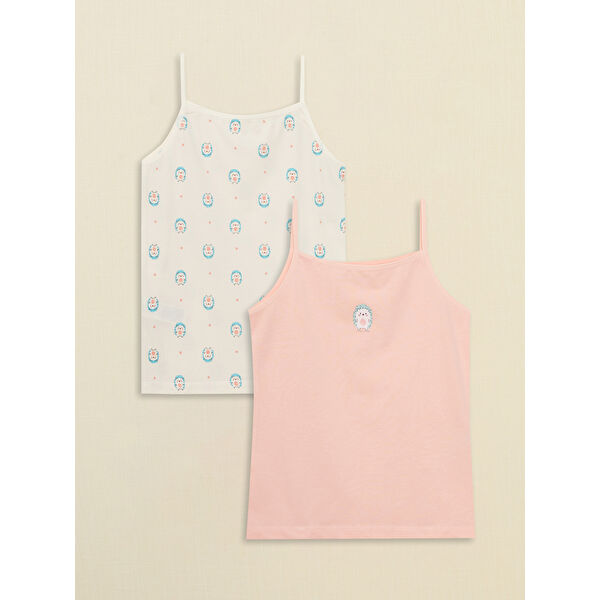 Kare Yaka Baskılı Askılı Organik Pamuklu Kız Çocuk Atlet 2'li