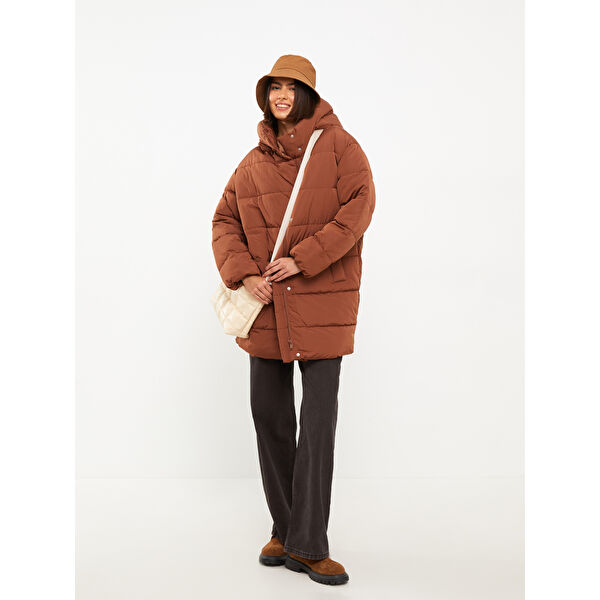 Kapüşonlu Düz Uzun Kollu Kadın Şişme Mont