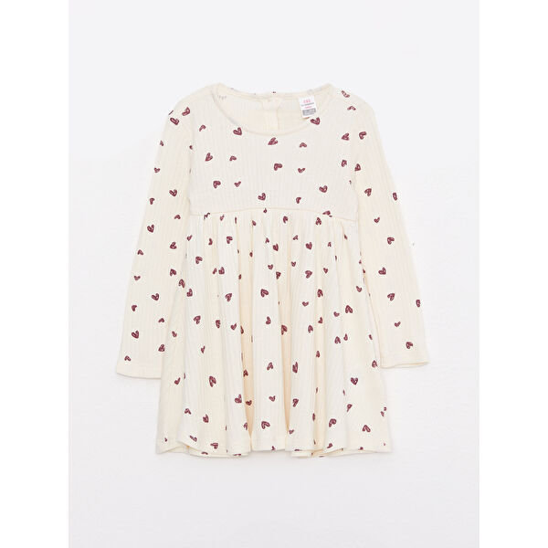 Bisiklet Yaka Uzun Kol Baskılı Pamuklu Kız Bebek Elbise