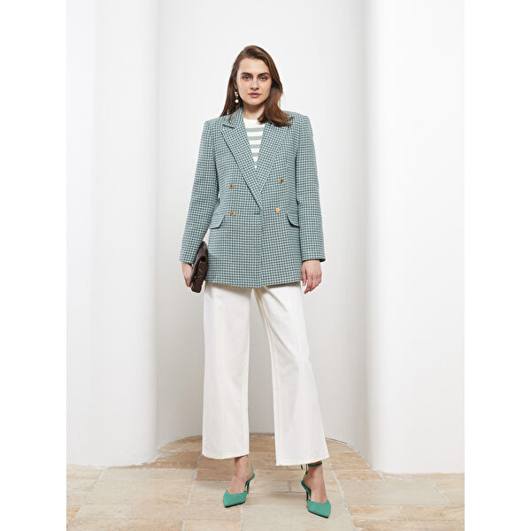 Önden Düğme Kapamalı Ekose Uzun Kollu Kadın Ceket