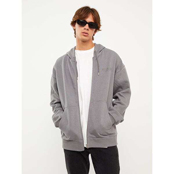 Kapüşonlu Uzun Kollu Baskılı Erkek Spor Hırka