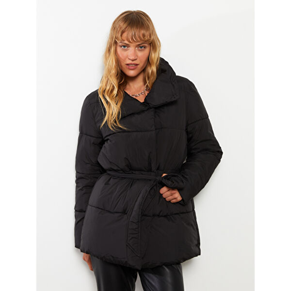 Dik Yaka Düz Uzun Kollu Kadın Şişme Mont