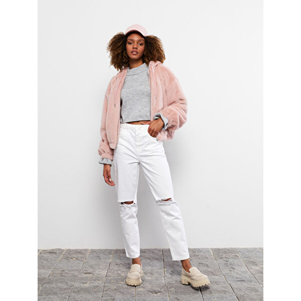 Kapüşonlu Düz Cep Detaylı Uzun Kollu Pelüş Kadın Mont