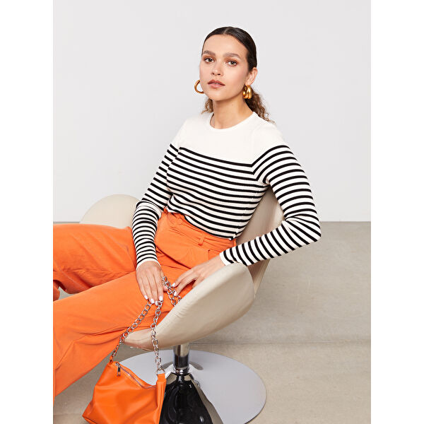 Bisiklet Yaka Çizgili Uzun Kollu Kadın Triko Kazak