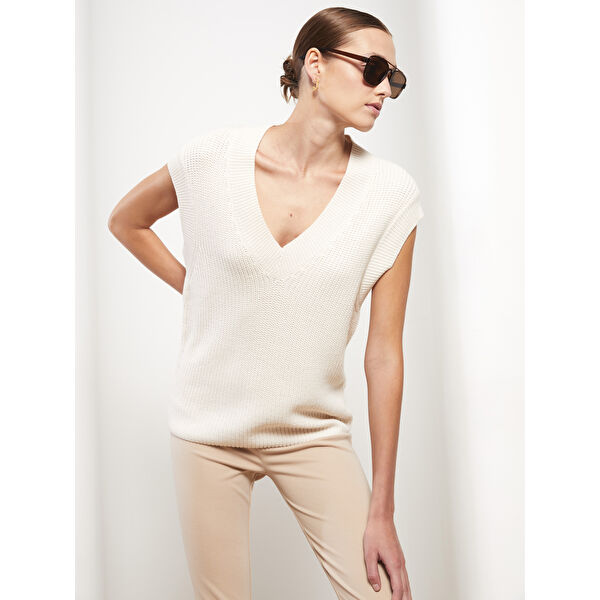 V Yaka Düz Kadın Triko Süveter