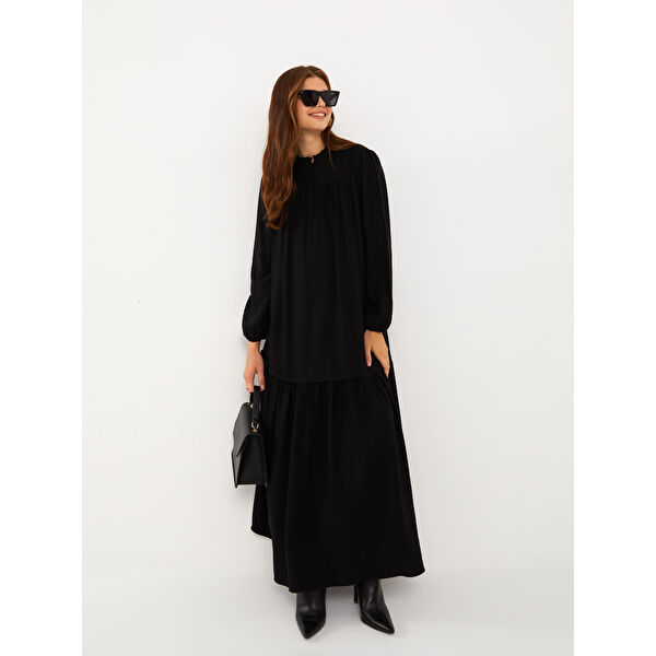 Dik Yaka Düz Uzun Kollu Hamile Elbise