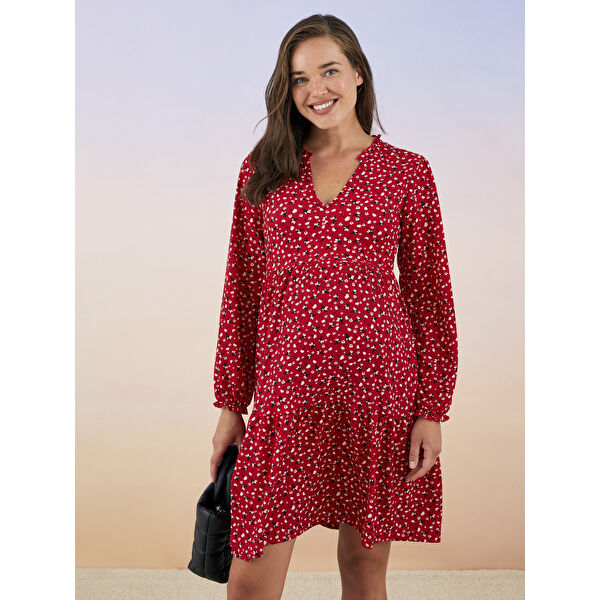 V Yaka Desenli Uzun Kollu Krinkle Hamile Elbise V Yaka Desenli Uzun Kollu Krinkle Hamile Elbise