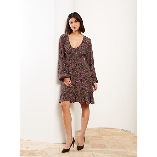 U Yaka Desenli Uzun Kollu Viskon Kadın Elbise