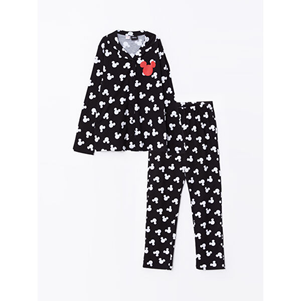 Gömlek Yaka Mickey Mouse Desenli Uzun Kollu Kız Çocuk Pijama Takımı