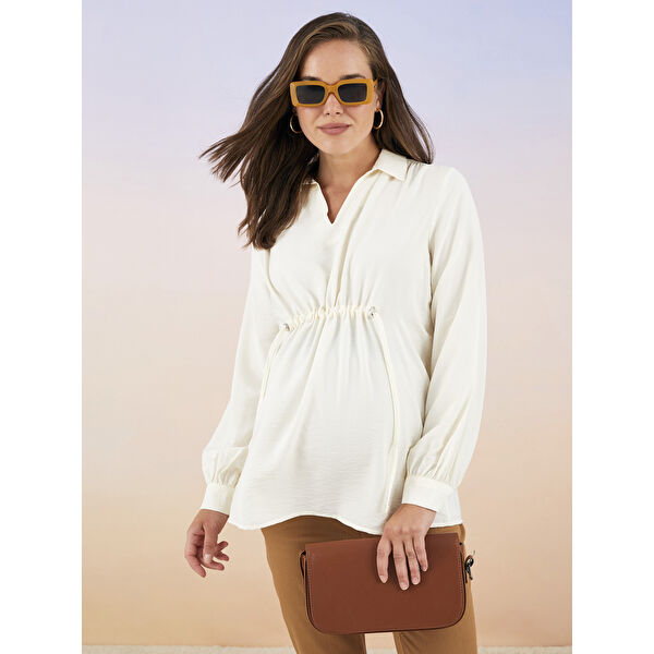 Gömlek Yaka Düz Uzun Kollu Hamile Bluz