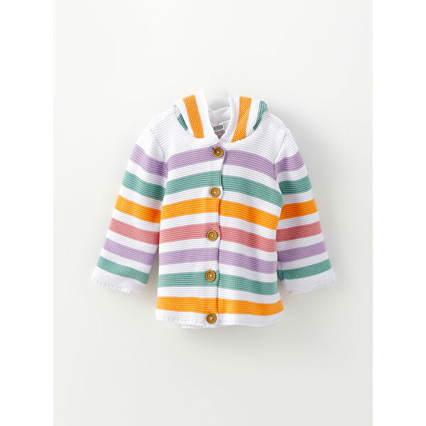 Kapüşonlu Uzun Kollu Çizgili Kız Bebek Triko Hırka Kapüşonlu Uzun Kollu Çizgili Kız Bebek Triko Hırka