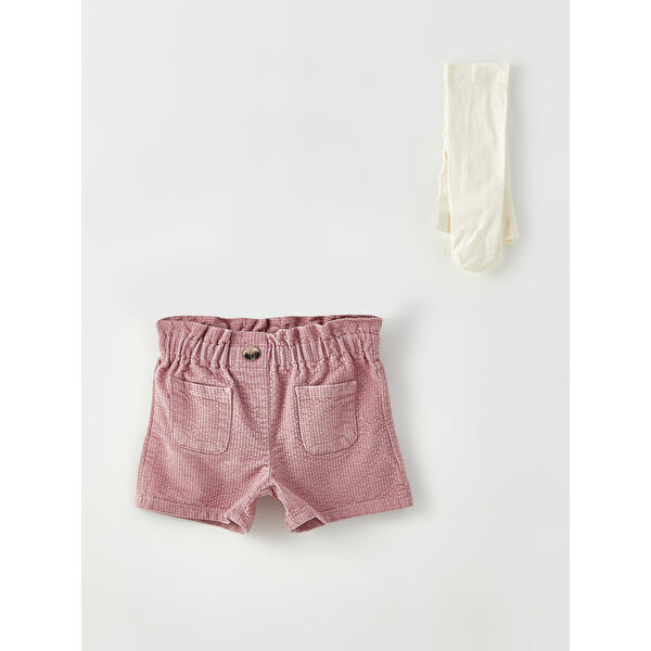 Beli Lastikli Basic Kadife Şort ve Külotlu Çorap 2'li