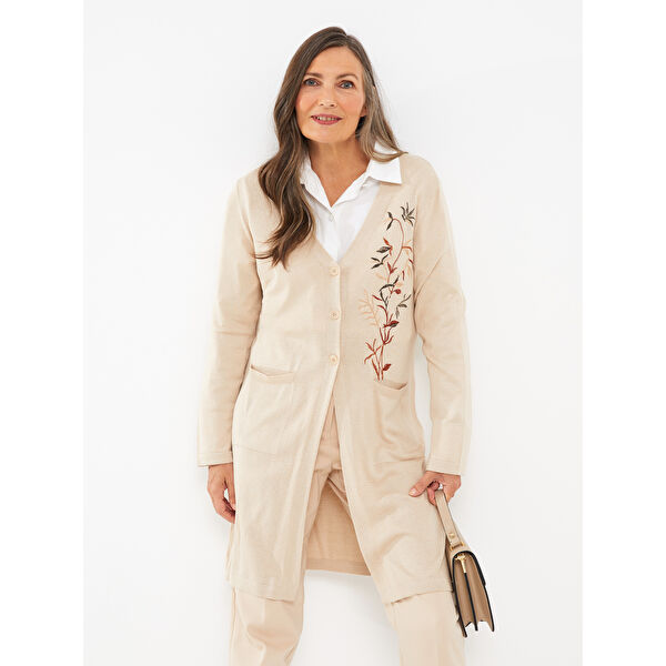 V Yaka Nakışlı Uzun Kollu Kadın Triko Hırka