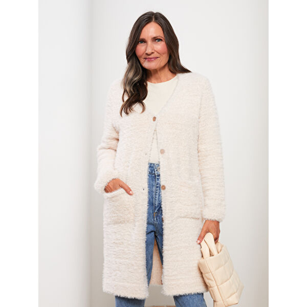 V Yaka Düz Uzun Kollu Kadın Triko Hırka