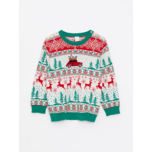 Bisiklet Yaka Uzun Kollu Yılbaşı Temalı Erkek Bebek Triko Kazak