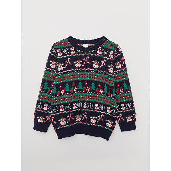 Bisiklet Yaka Uzun Kollu Yılbaşı Temalı Erkek Bebek Triko Kazak